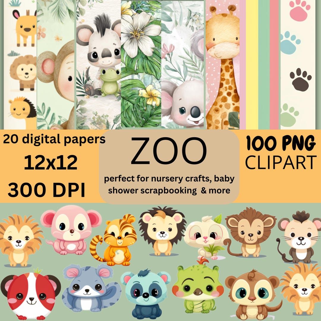 Zoo Animals Clipart Bundle PNG | 100 Baby Animal Graphics + 20 Digital ...