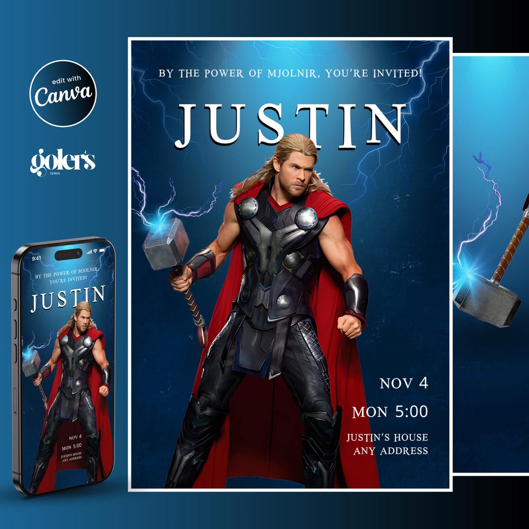Thor Birthday Invitation Marvel Theme Party Invite Editable Canva ...