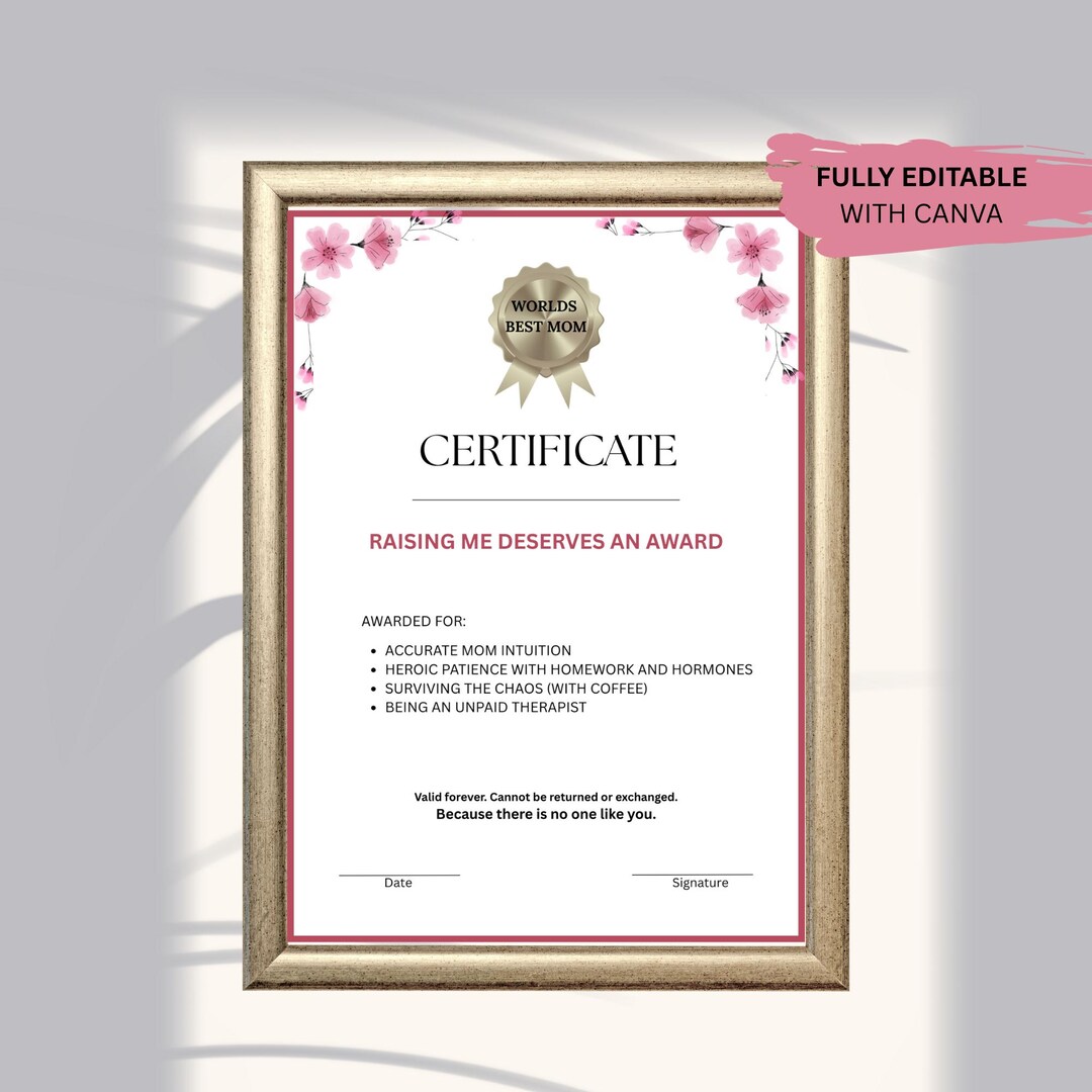 Mothers Day Certificate, Editable, Quote, Certificate Template ...