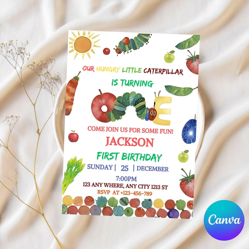 Editable Very Hungry Caterpillar First Birthday Invitation (digital ...