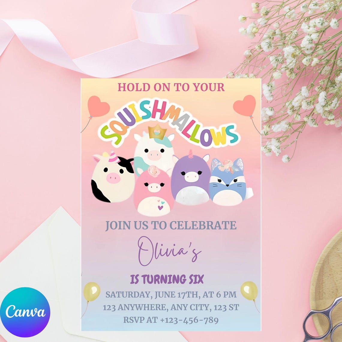 Editable Squishmallow Birthday Invitation, Squishmallow Invitation ...