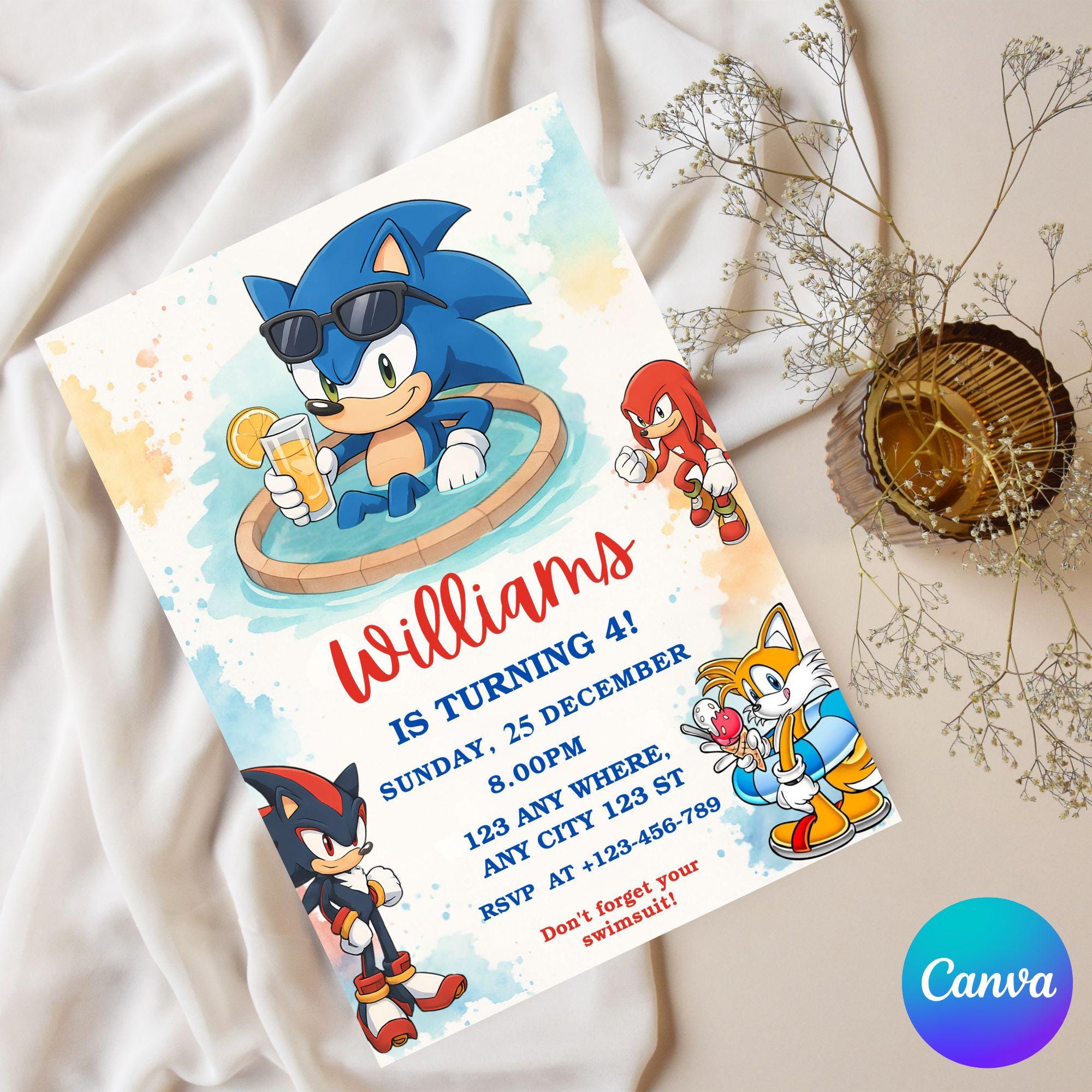 Sonic Pool Party Birthday Invitation, Editable Sonic Canva Template ...