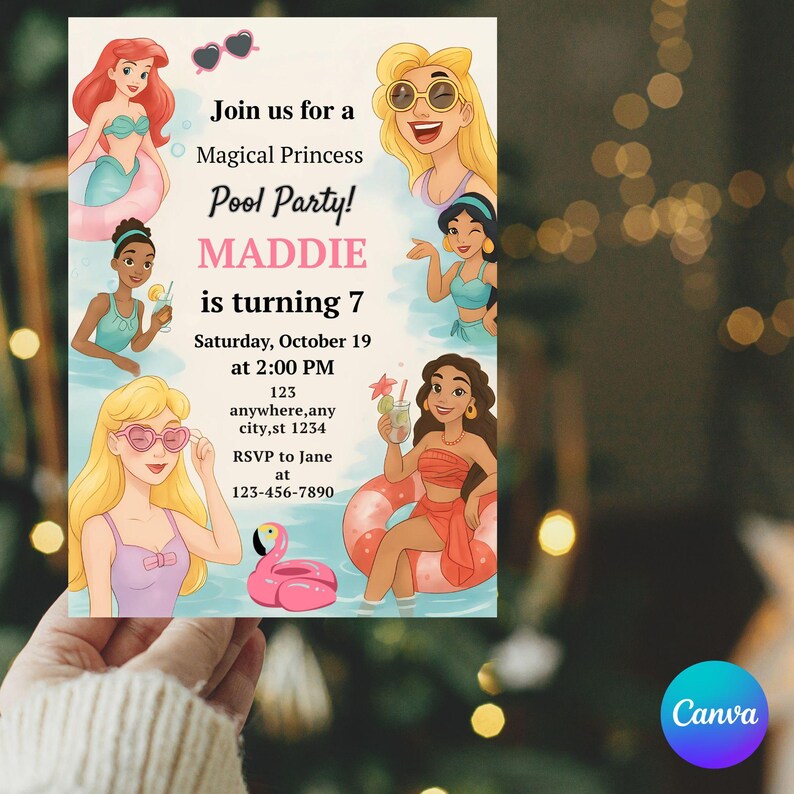 Princess Pool Party Invitation: Editable Canva Birthday Template ...