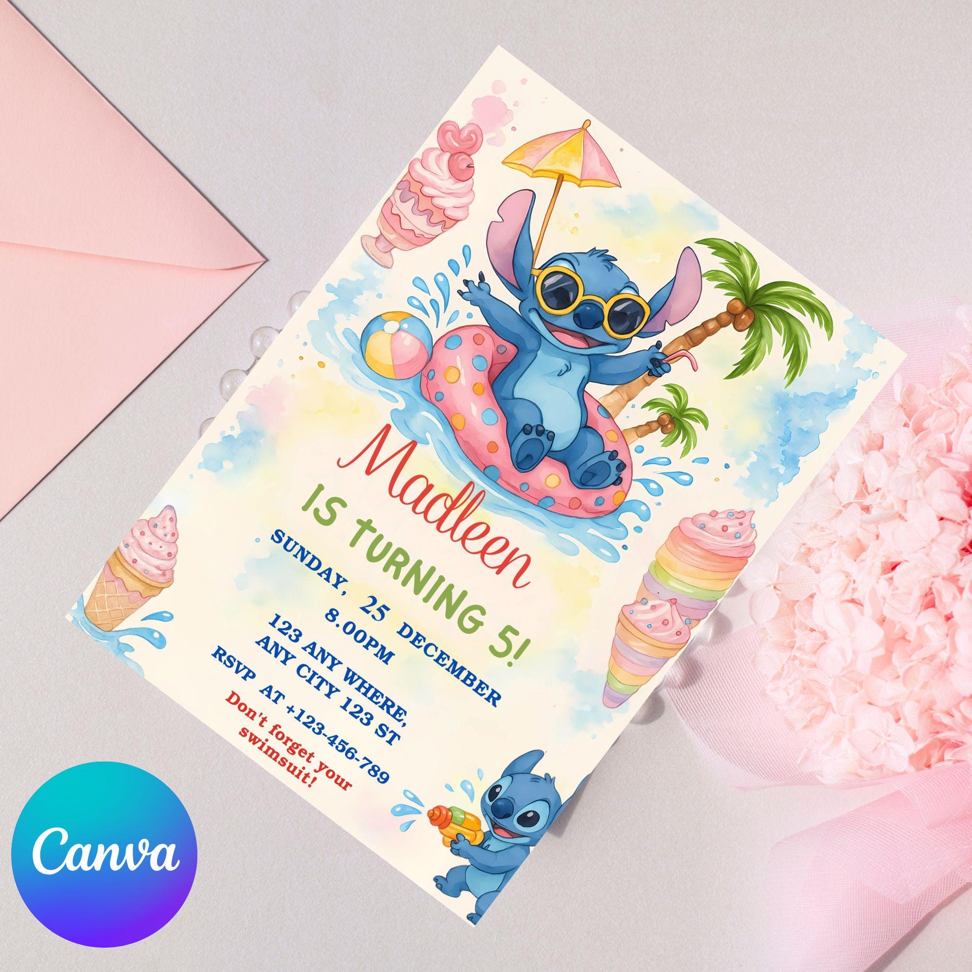 Stitch Pool Party Birthday Invitation for Girl, Summer Beach Birthday ...
