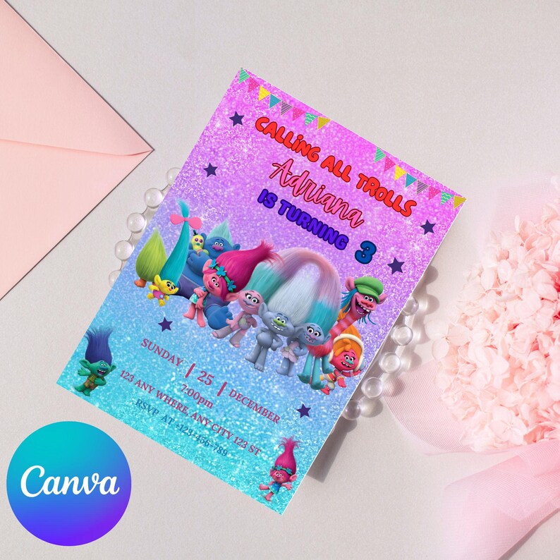 Editable Trolls Birthday Invitation: Colorful Party Template (digital ...