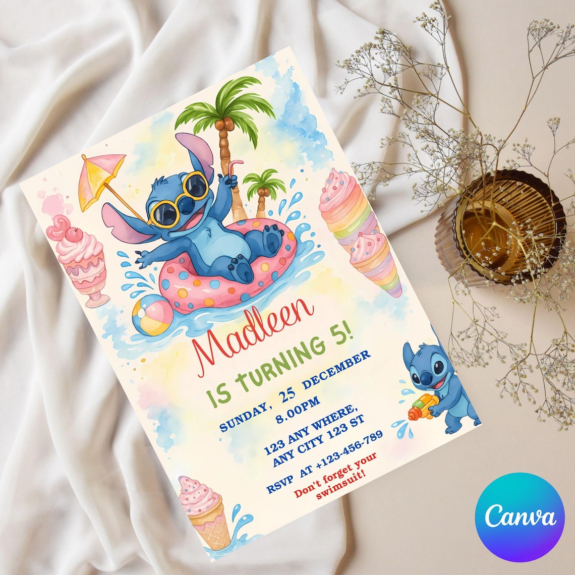 Stitch Pool Party Birthday Invitation for Girl, Summer Beach Birthday ...