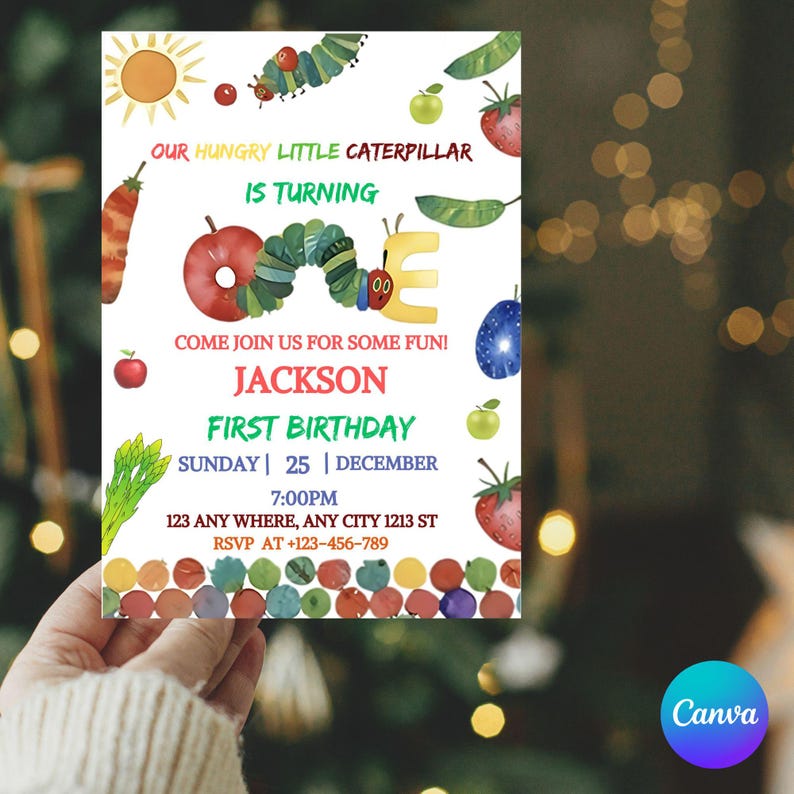 Editable Very Hungry Caterpillar First Birthday Invitation (digital ...