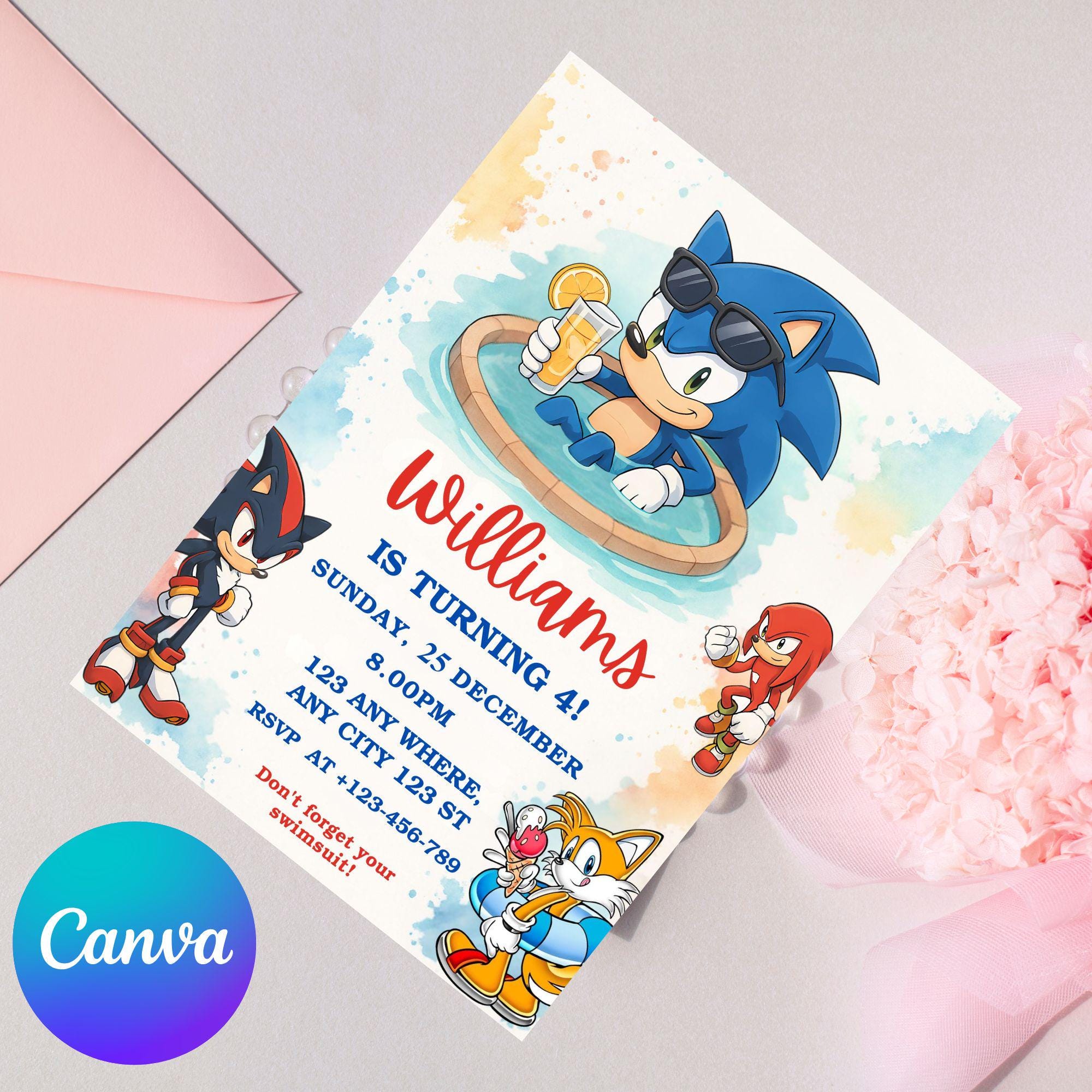 Sonic Pool Party Birthday Invitation, Editable Sonic Canva Template ...