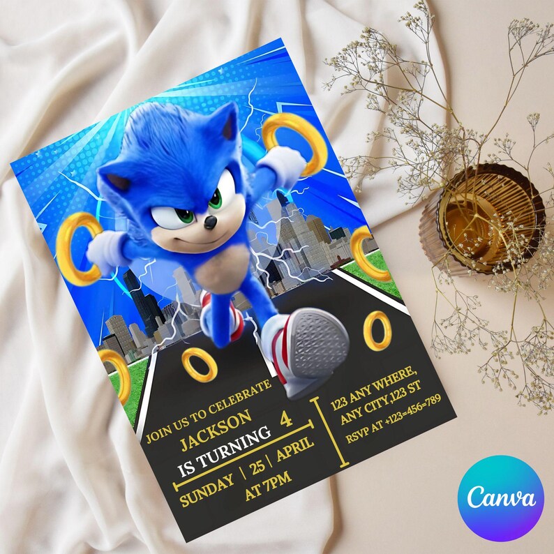 Editable Sonic Birthday Invitation, Super Hedgehog Boys Party Invite ...