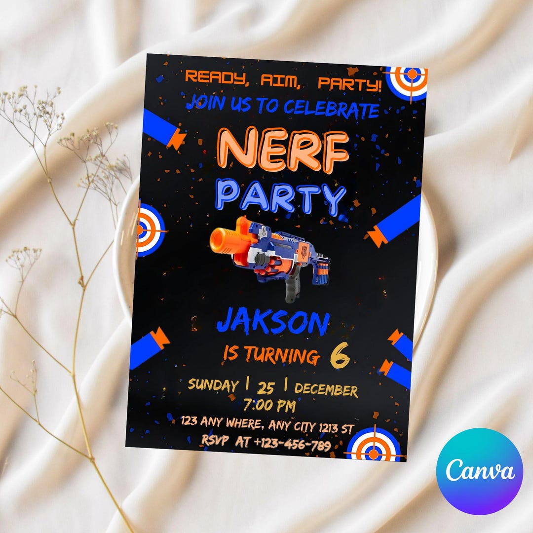 Editable Nerf Birthday Invitation, Dart Gun Party Invite for Boys ...