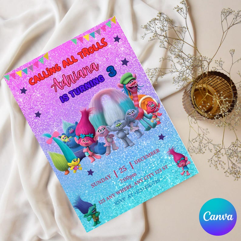 Editable Trolls Birthday Invitation: Colorful Party Template (digital ...