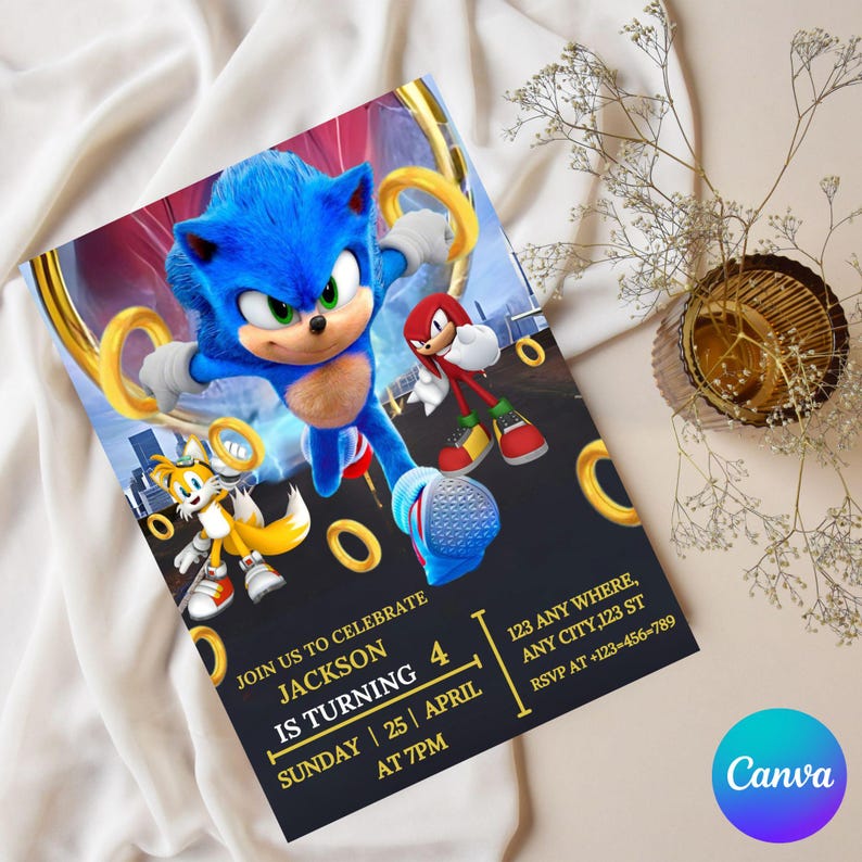 Editable Sonic Birthday Invitation, Super Hedgehog Boys Party Invite ...