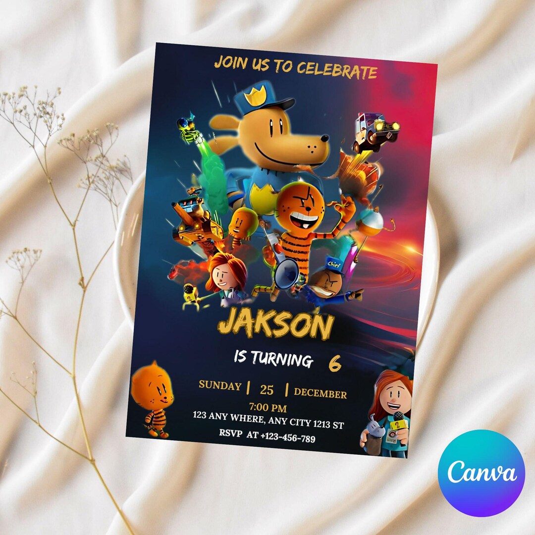 Editable Dog Man Birthday Invitation, Editable Kids Birthday Invitation ...