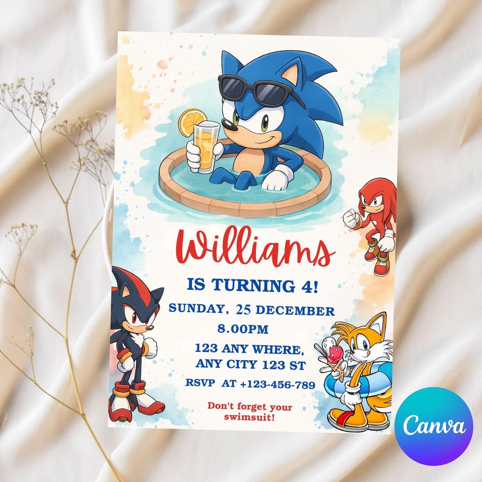 Sonic Pool Party Birthday Invitation, Editable Sonic Canva Template ...