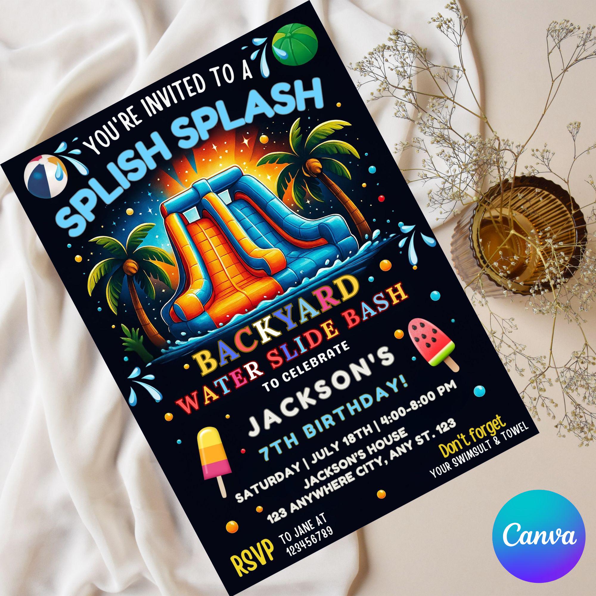 Waterslide Birthday Invitation: Splash Party Canva Template (digital ...