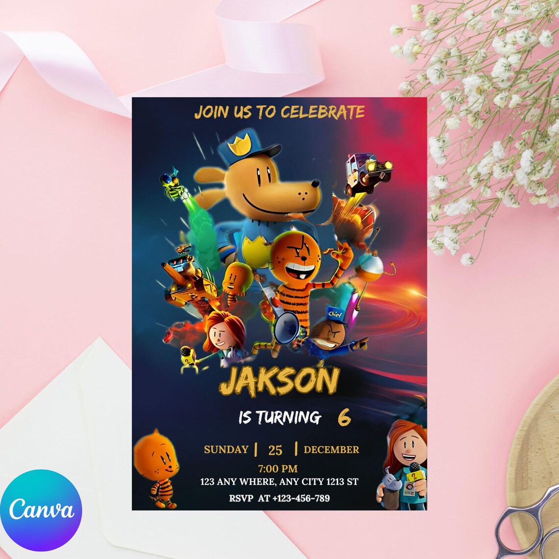 Editable Dog Man Birthday Invitation, Editable Kids Birthday Invitation ...