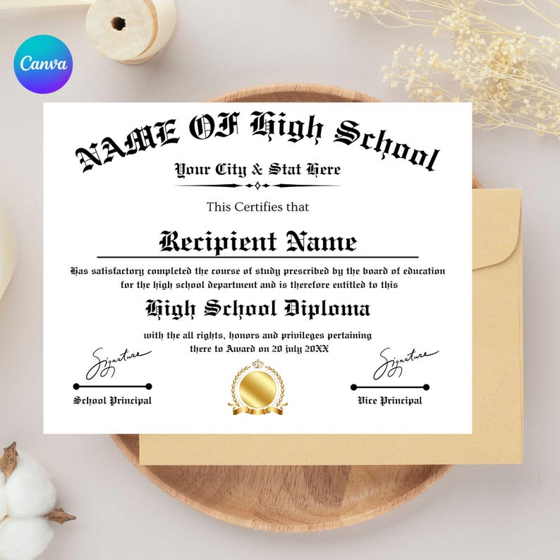 Printable High School Diploma Template: Customizable Certificate (canva ...