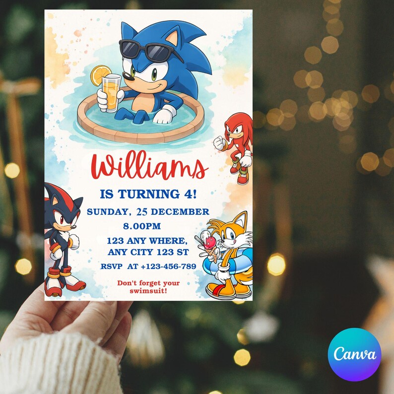 Sonic Pool Party Birthday Invitation, Editable Sonic Canva Template ...