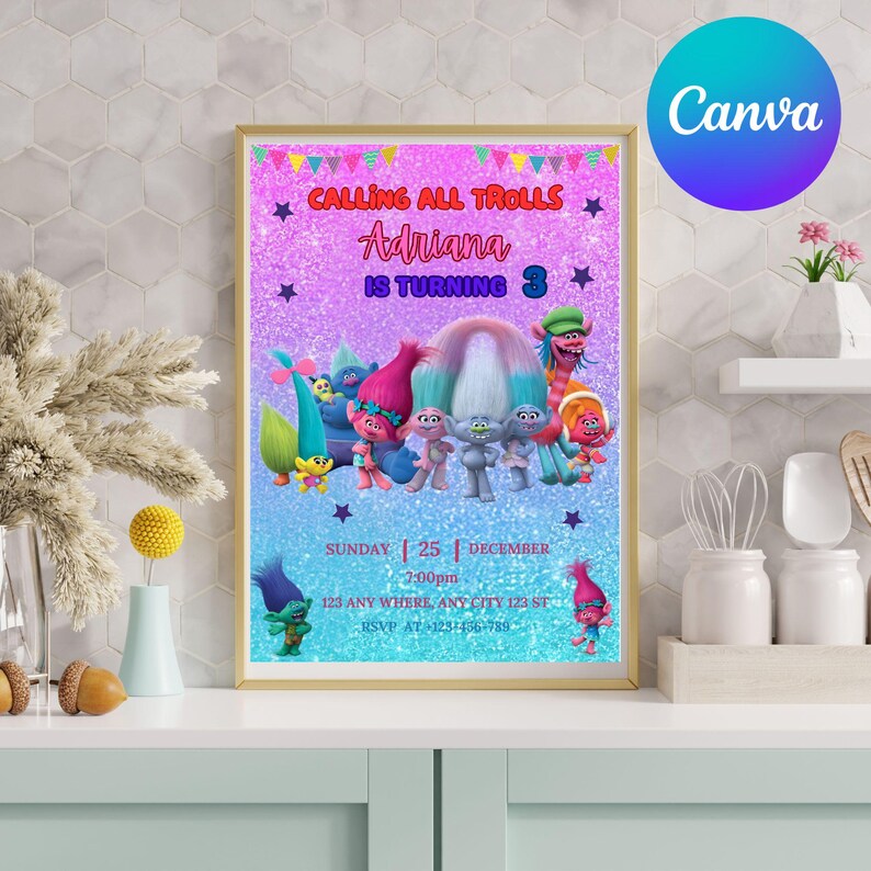 Editable Trolls Birthday Invitation: Colorful Party Template (digital ...