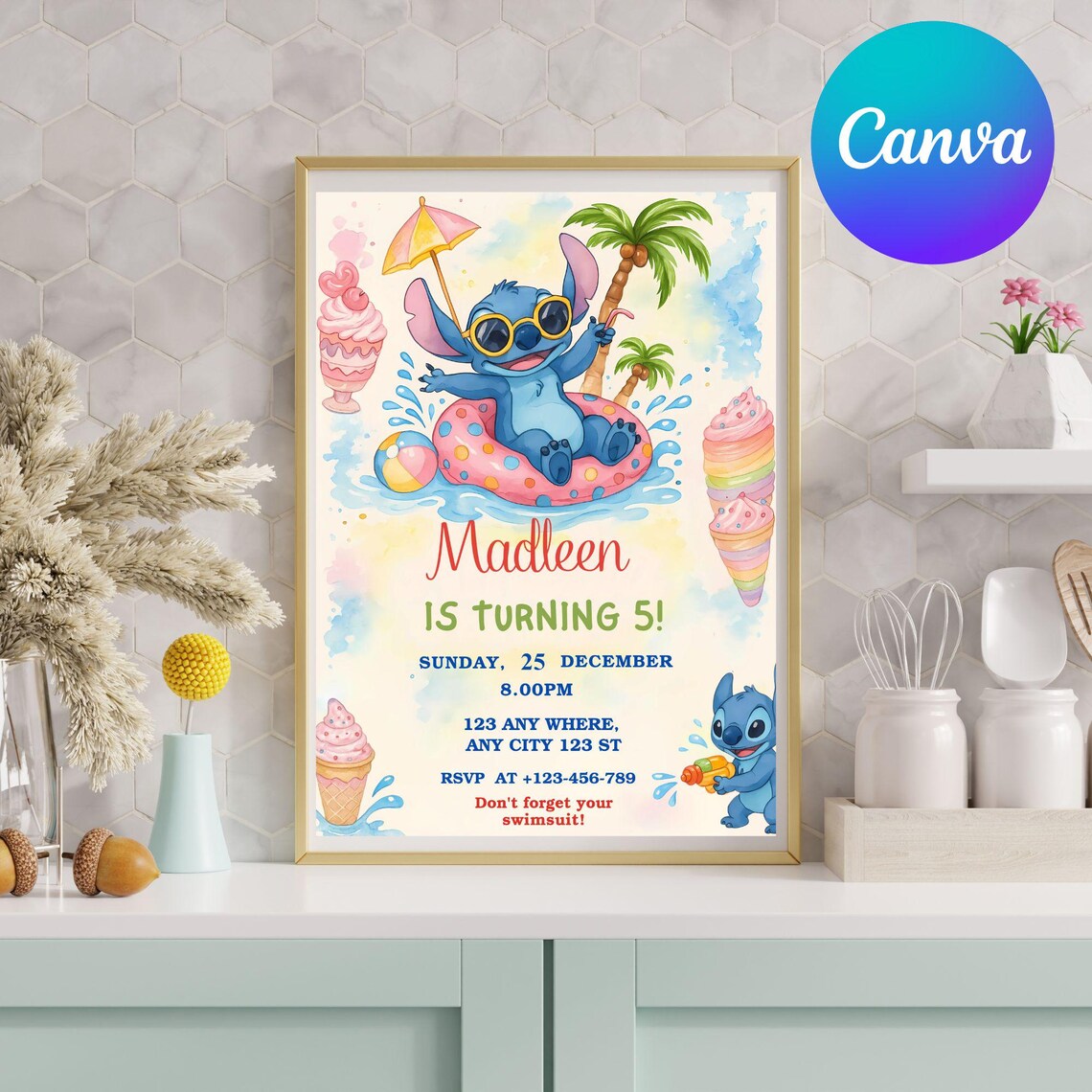 Stitch Pool Party Birthday Invitation for Girl, Summer Beach Birthday ...