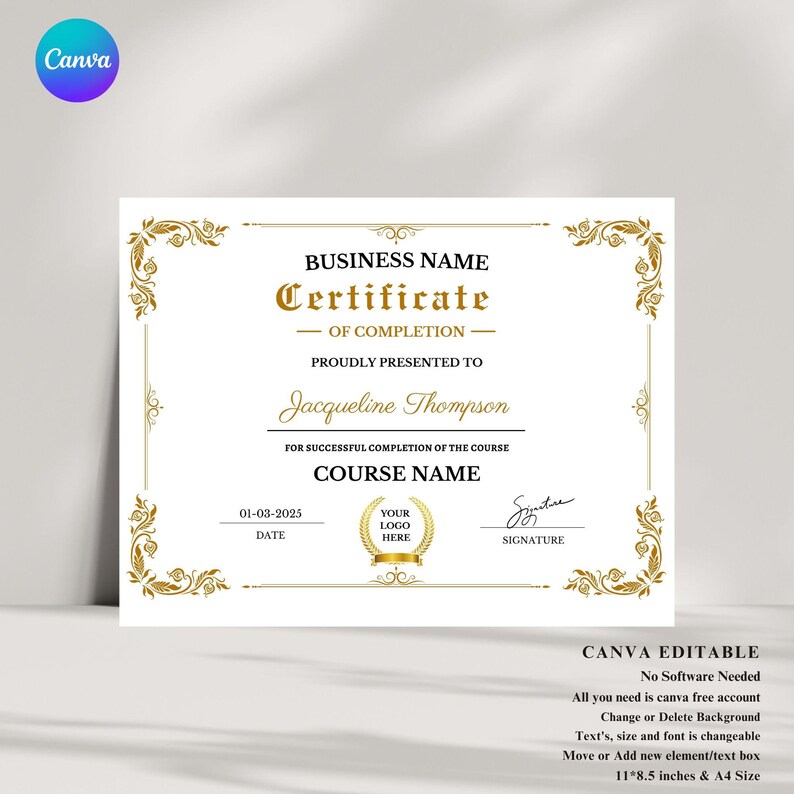 Editable Certificate of Completion Template: Printable Training Award ...