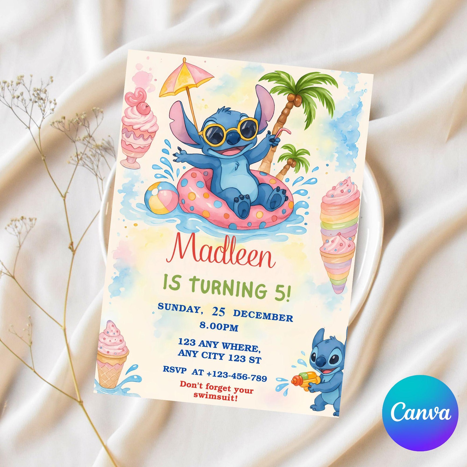 Stitch Pool Party Birthday Invitation for Girl, Summer Beach Birthday ...
