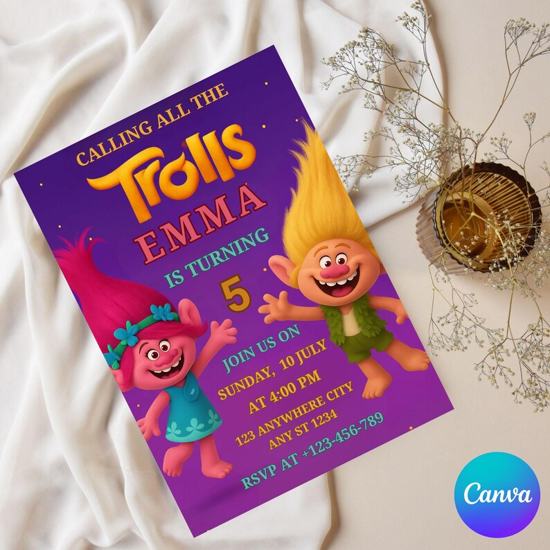Editable Trolls Birthday Invitation: Poppy Party, Canva Template ...