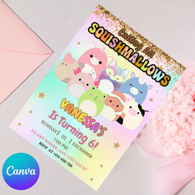 Editable Squishmallow Birthday Invitation: Canva Template (digital ...