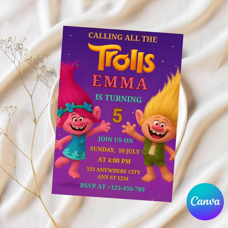 Editable Trolls Birthday Invitation: Poppy Party, Canva Template ...