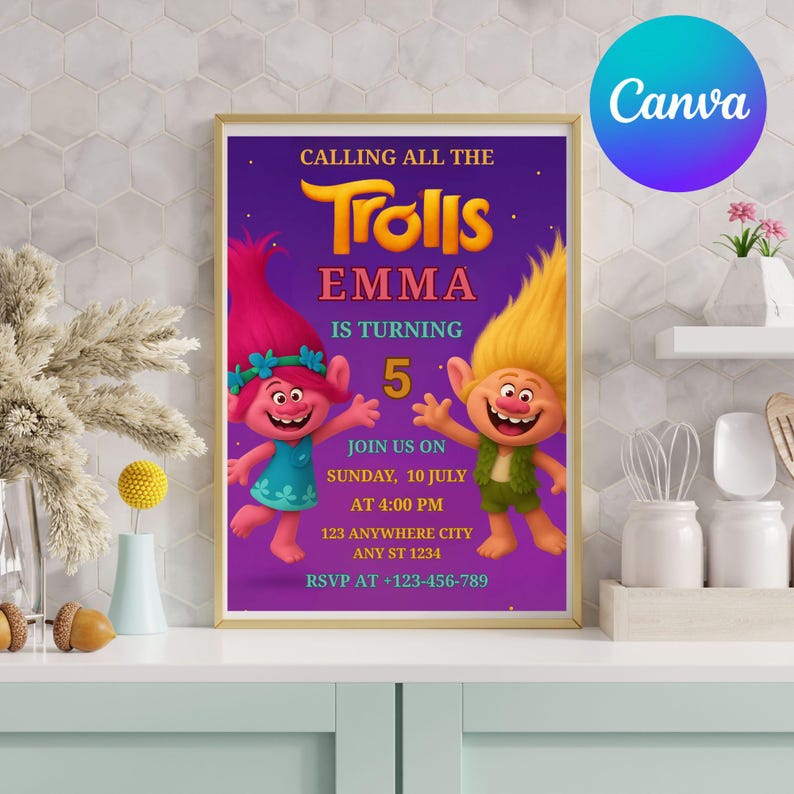Editable Trolls Birthday Invitation: Poppy Party, Canva Template ...