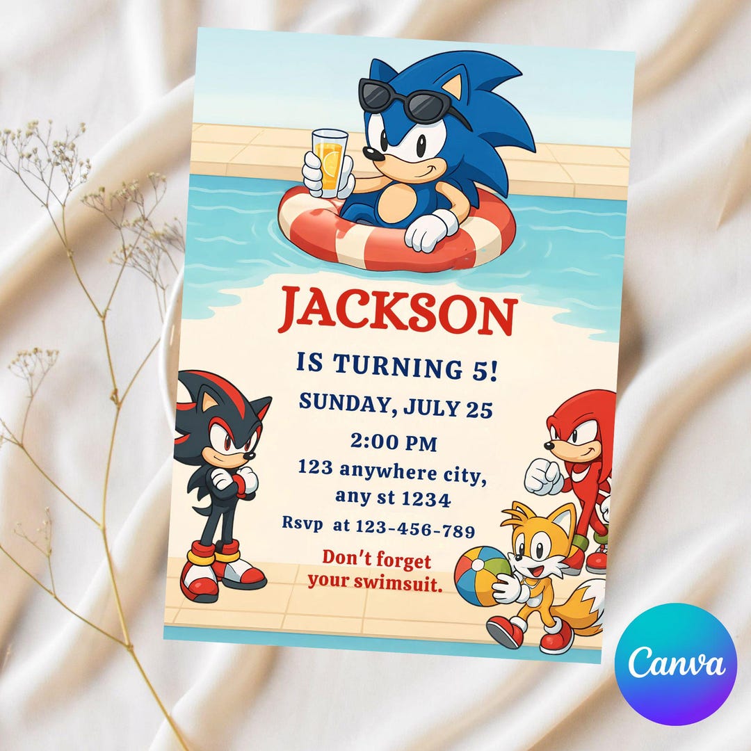 Sonic Pool Party Birthday Invitation, Editable Sonic Canva Template ...