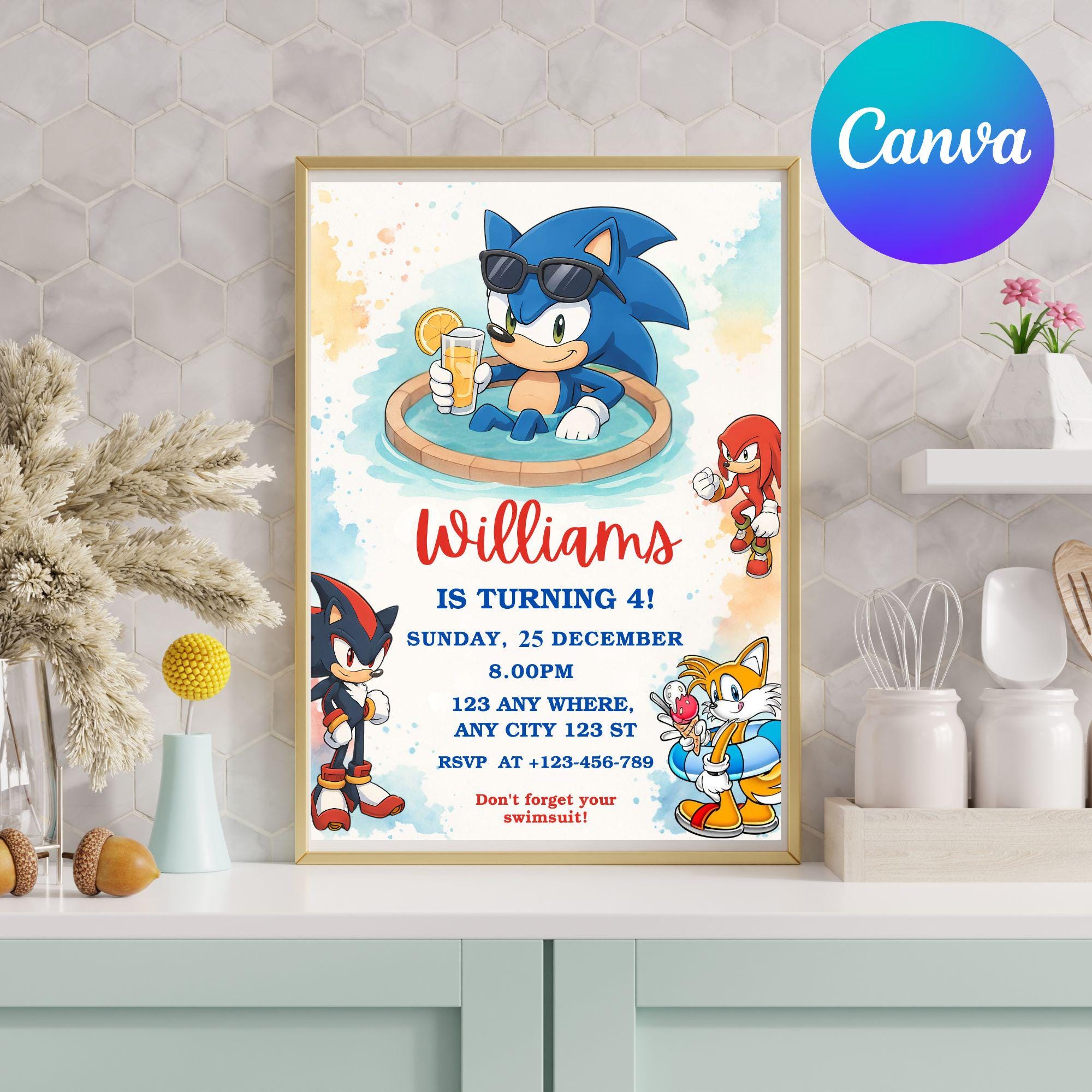 Sonic Pool Party Birthday Invitation, Editable Sonic Canva Template ...
