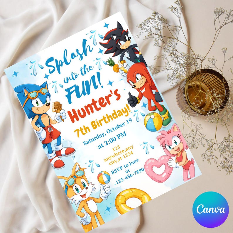 Editable Sonic Pool Party Birthday Invitation, Sonic the Hedgehog ...