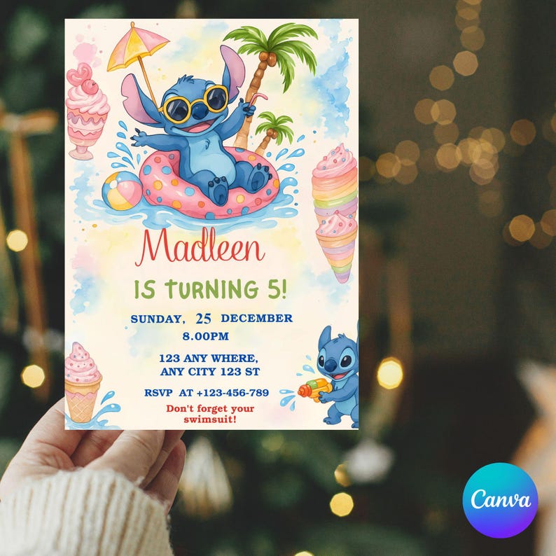 Stitch Pool Party Birthday Invitation for Girl, Summer Beach Birthday ...