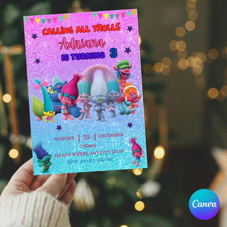 Editable Trolls Birthday Invitation: Colorful Party Template (digital ...