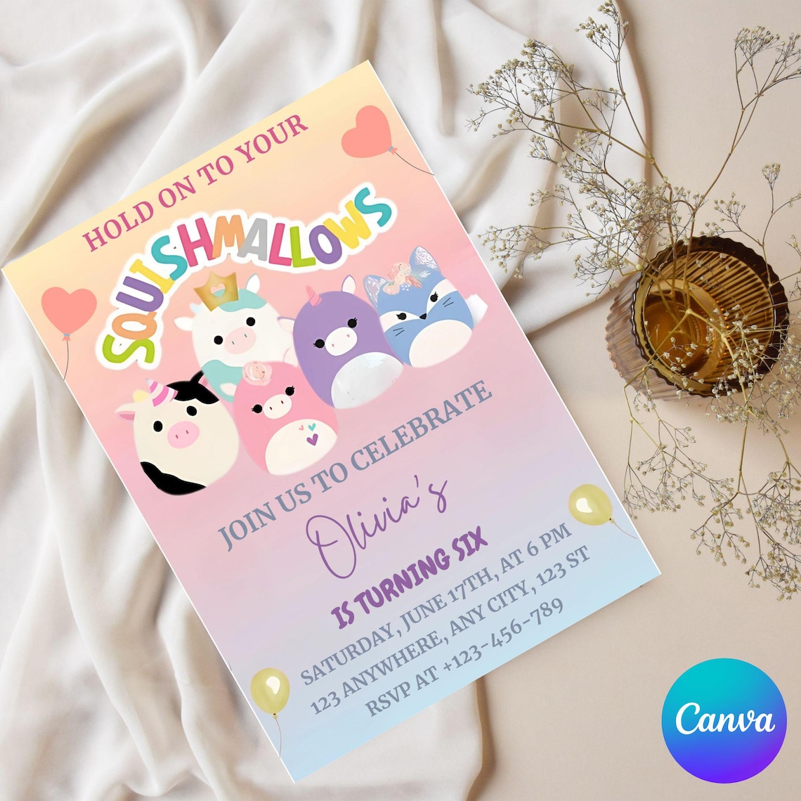 Editable Squishmallow Birthday Invitation, Squishmallow Invitation ...
