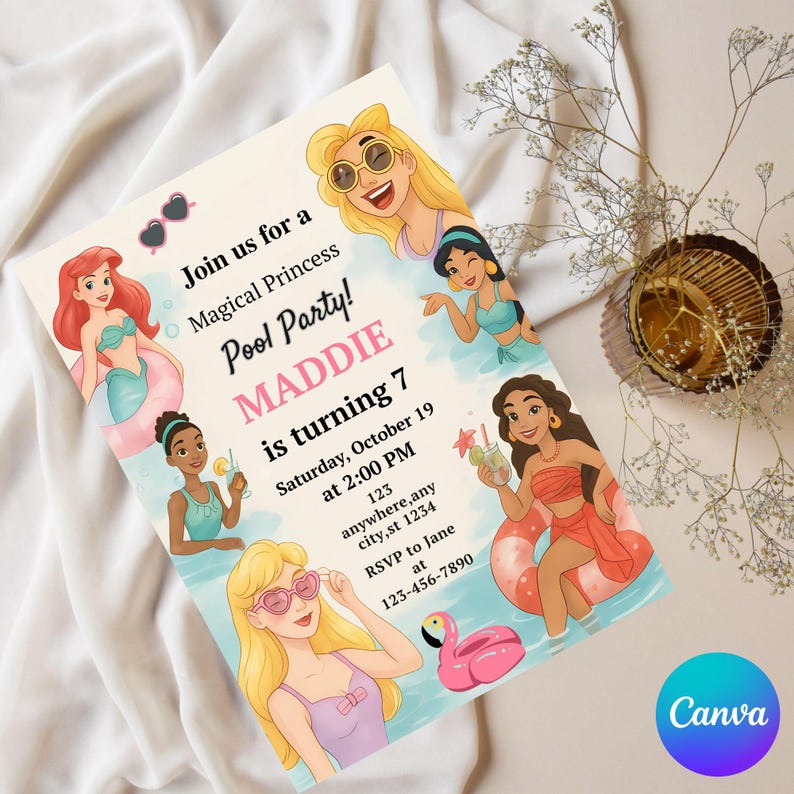 Princess Pool Party Invitation for Girl, Princess Birthday Invitation ...