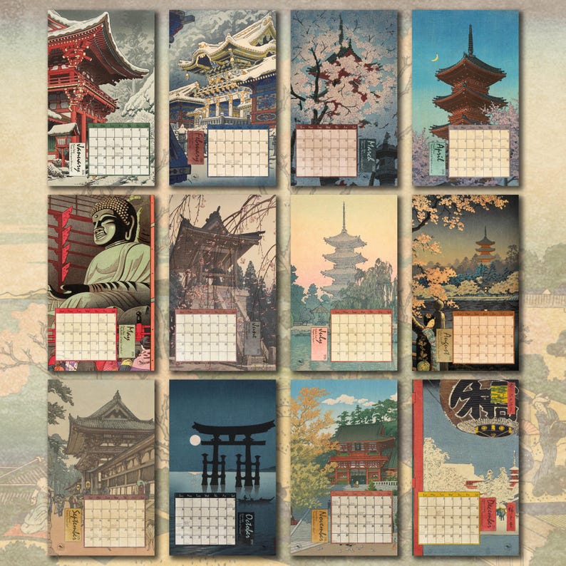 Temples & Shrines 2026 Wall Calendar, Japanese Ukiyo-e Woodblock Print ...