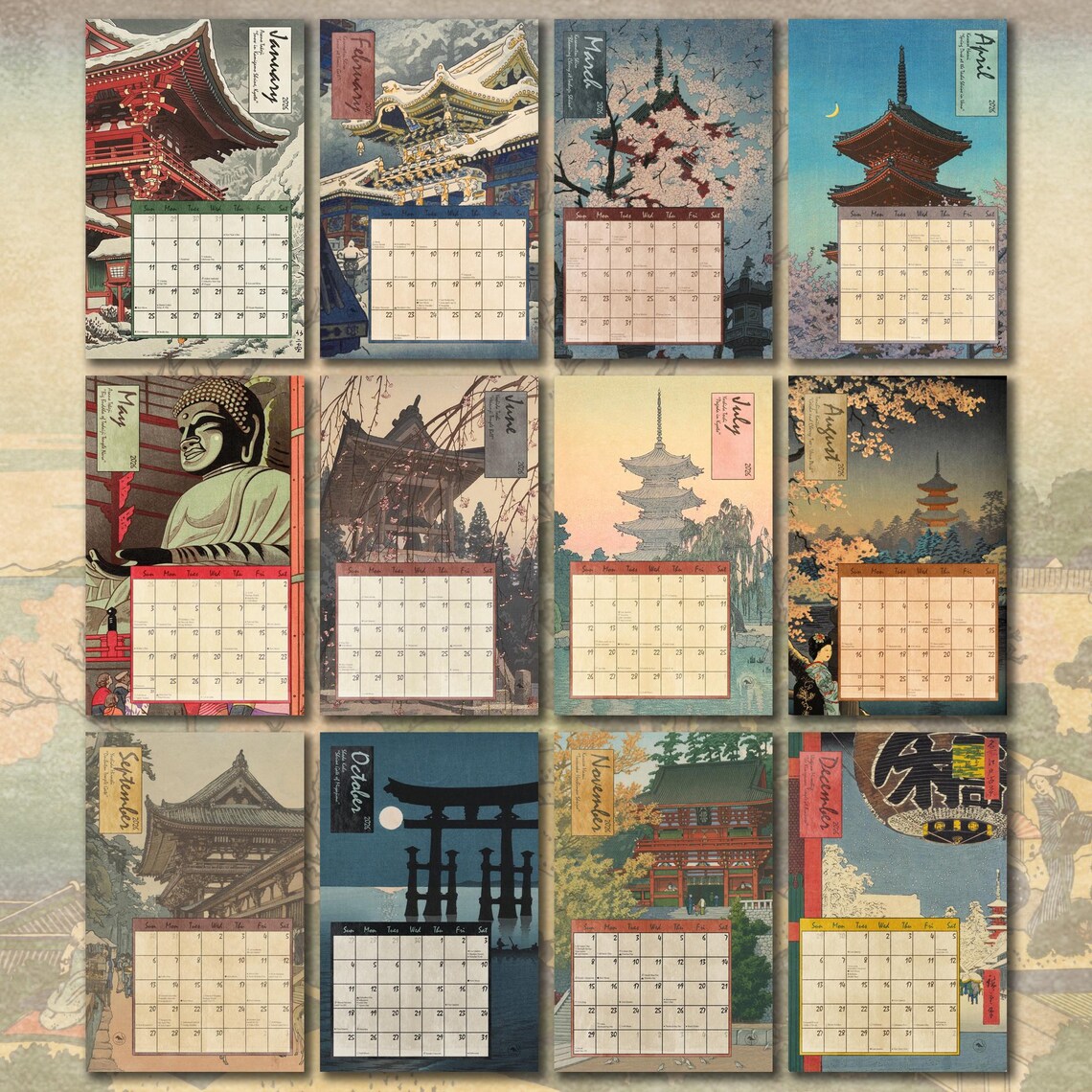 Temples & Shrines 2026 Wall Calendar, Japanese Ukiyo-e Woodblock Print ...