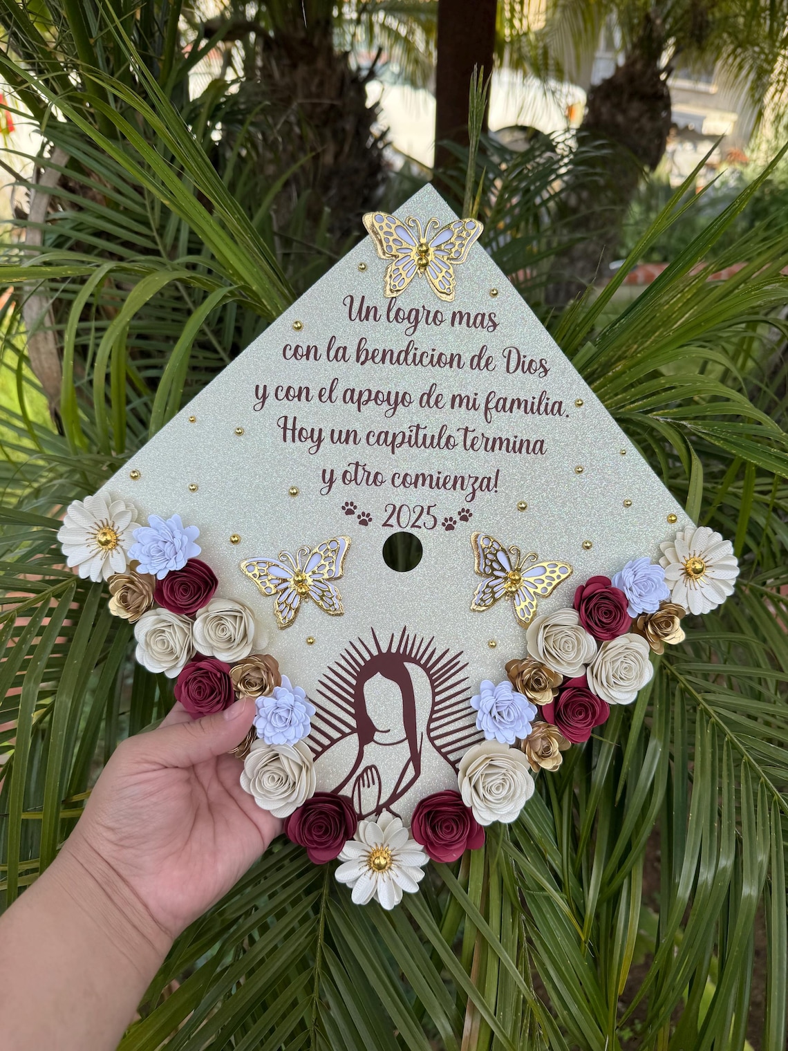Handmade Floral Graduation Cap Topper With Spanish Quote, Virgen De ...