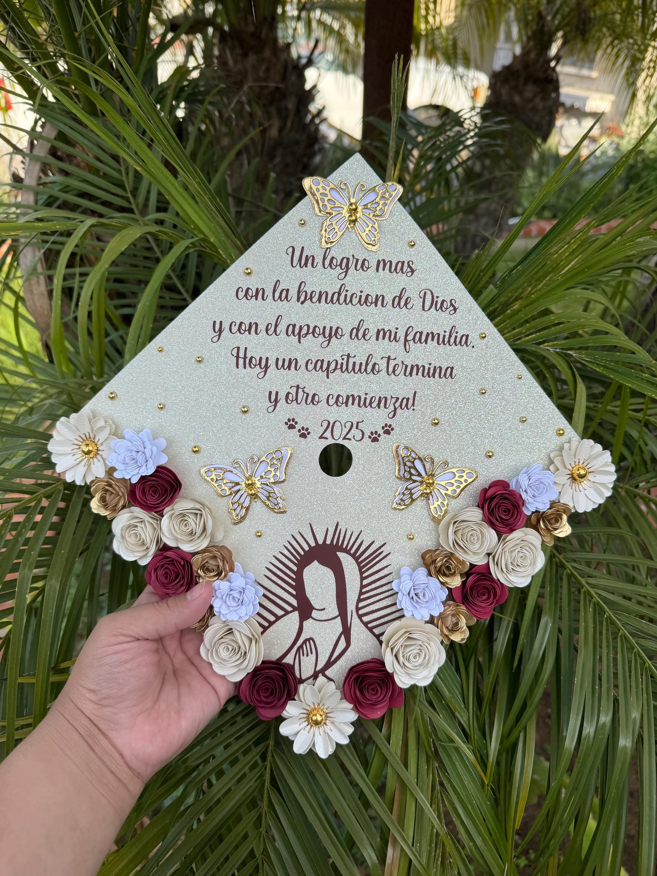 Handmade Floral Graduation Cap Topper With Spanish Quote, Virgen De ...