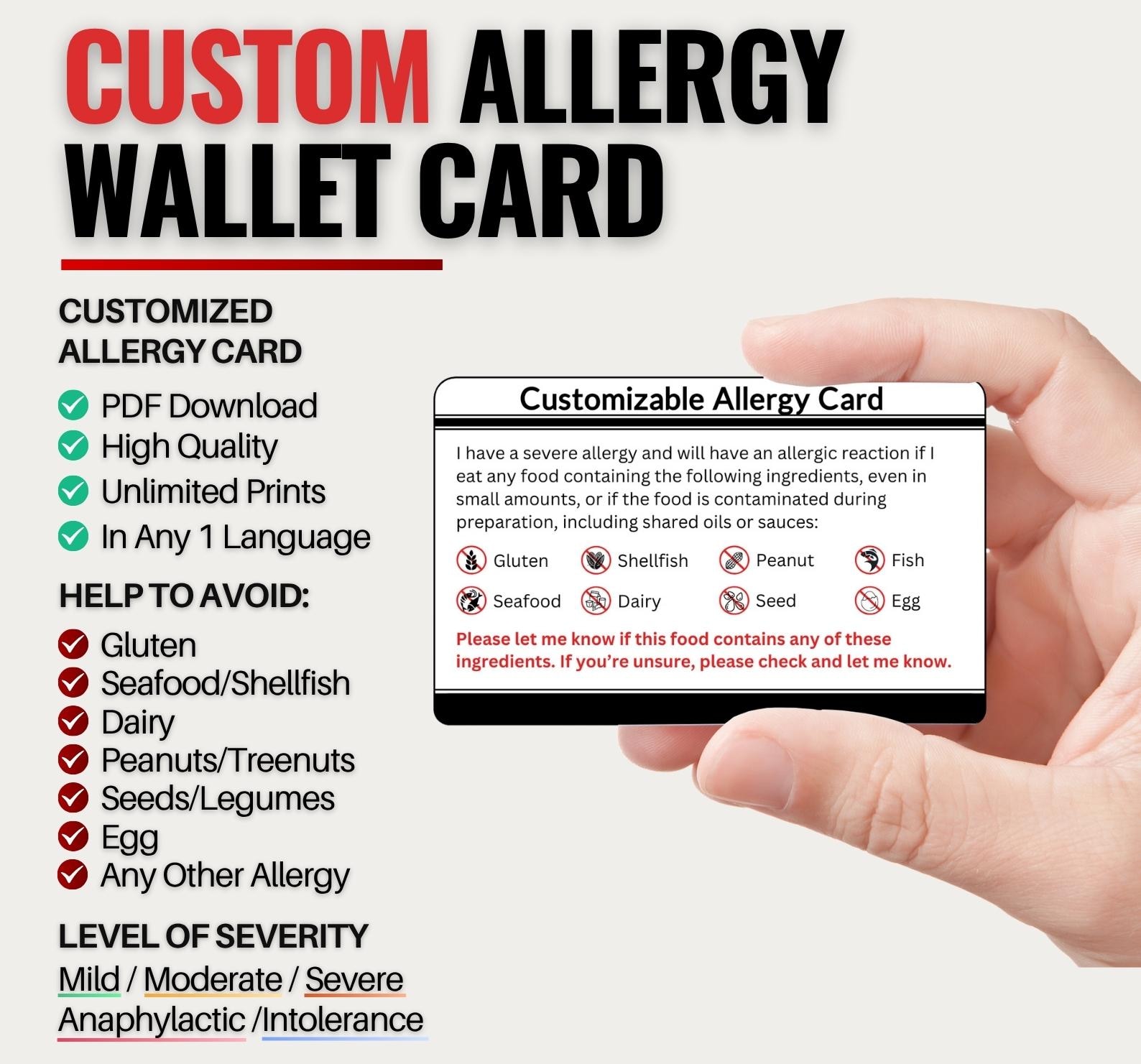 Wallet-size Custom Allergy Card for Travel | Gluten-free, Nut, Dairy ...
