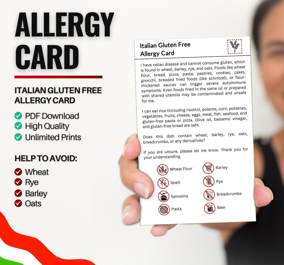 Italian Gluten-free Allergy Card for Travel & Restaurants | Wheat and ...