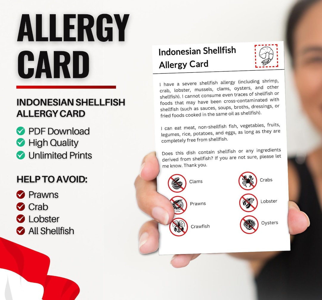 Indonesian Shellfish Allergy Card for Travel and Restaurants | Shrimp ...