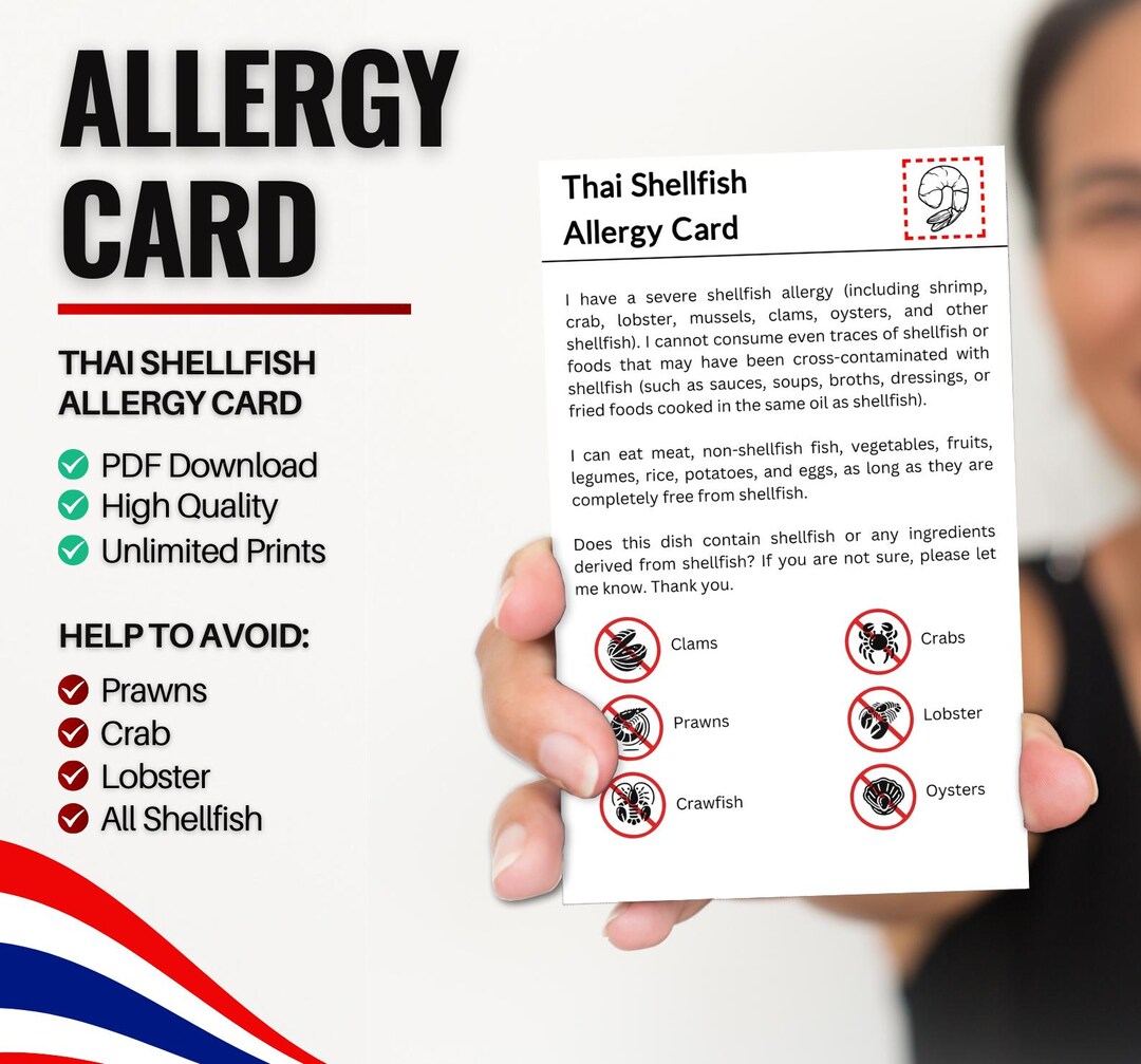 Thai Shellfish Allergy Card for Travel & Restaurants | Shrimp ...