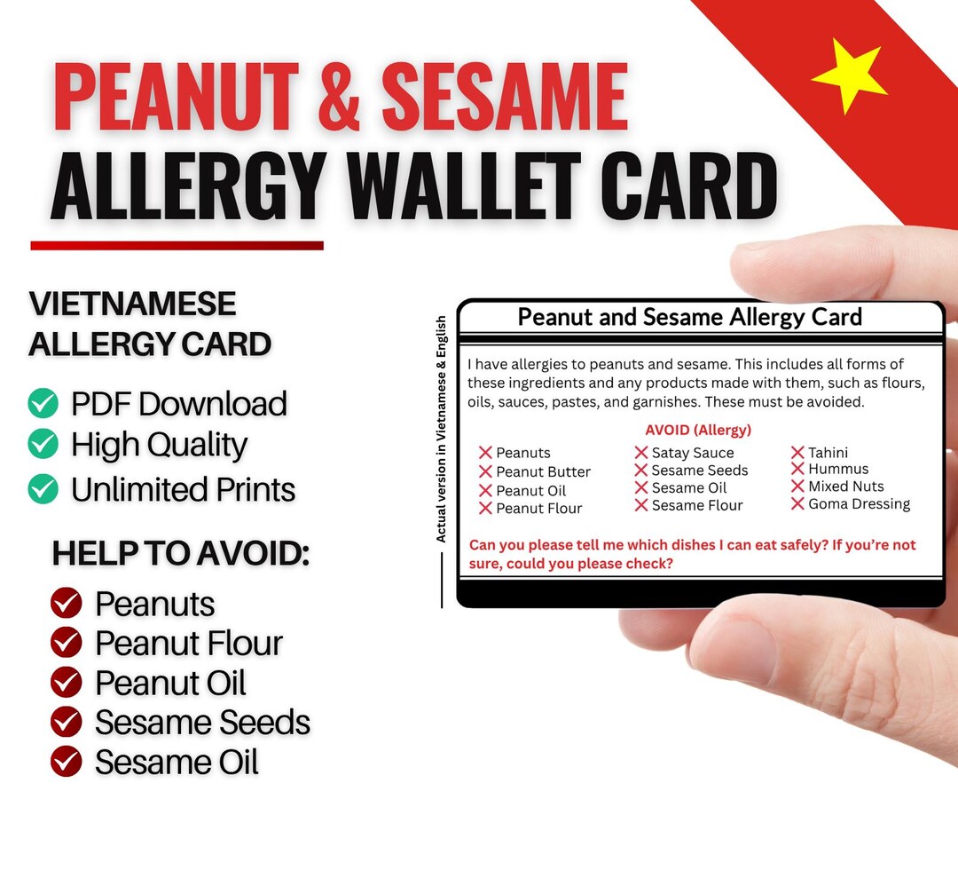 Peanut and Sesame Allergy Card in Vietnamese | for Travel and Dining in ...
