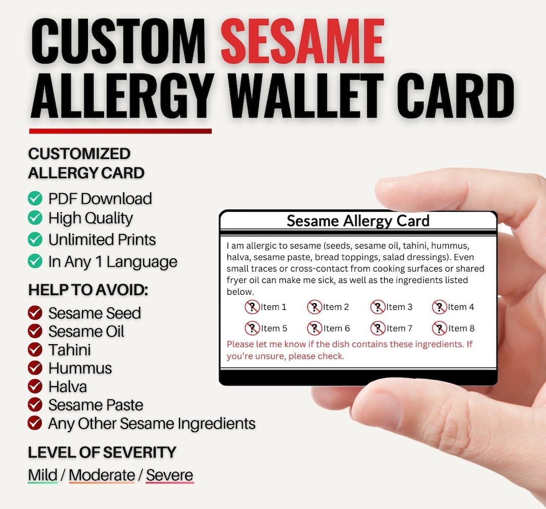 Wallet-size Custom Sesame Allergy Card for Travel | Severe Allergy ...