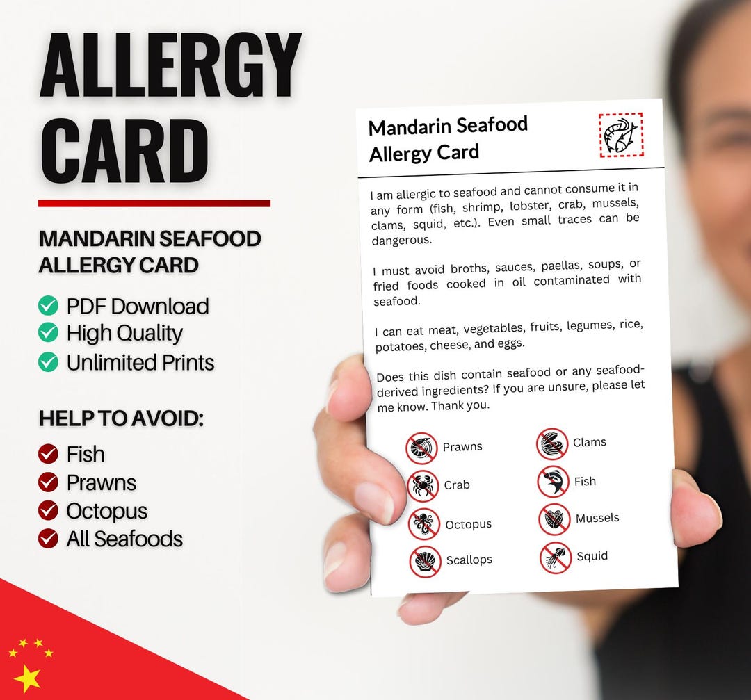 Mandarin Seafood Allergy Card | Restaurant Card for Seafood Allergy ...