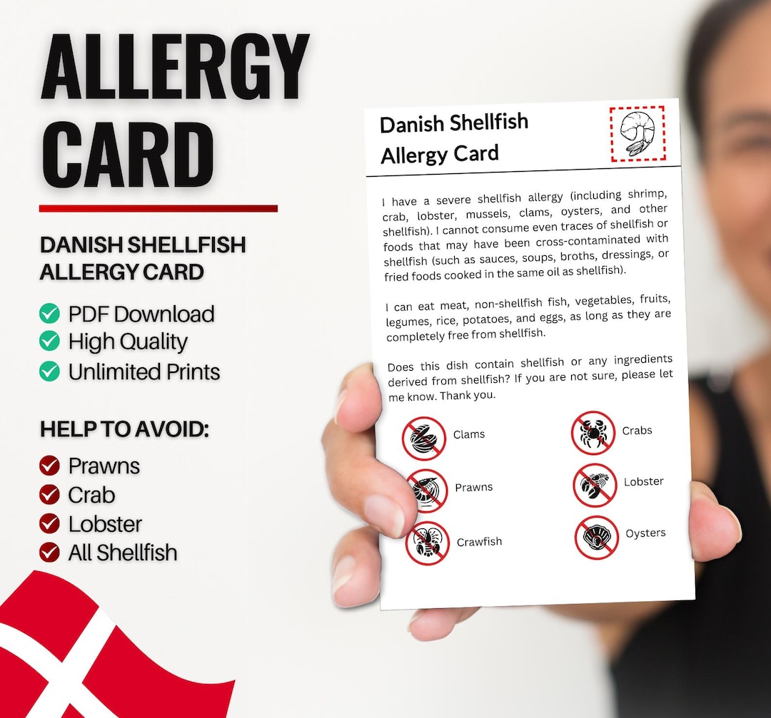 Danish Shellfish Allergy Card for Travel and Restaurants | Shrimp ...