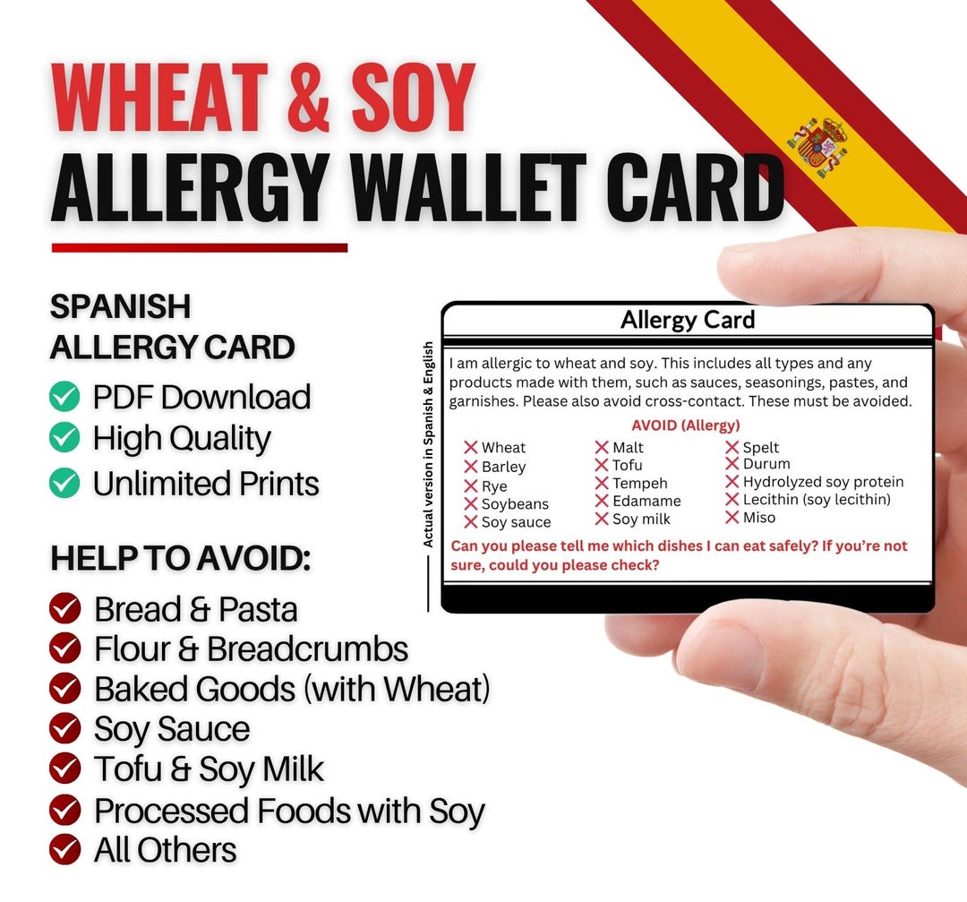 Spanish Wheat & Soy Allergy Card | Food Allergy Card for Restaurants ...